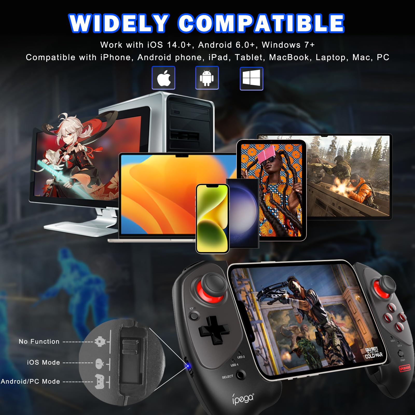 Megadream Wireless Mobile Controller for iPad, Tablet (11"), iPhone 16/15/14/13, Android Gamepad for Galaxy Z Fold4, Galaxy Z Flip4, Galaxy S23 S22 21Ultra, PC - MFi Certified - Call of Duty - Genshin Impact, Black