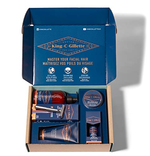 King C. Gillette Complete Men's Beard Care Gift Kit, Double Edge Safety Razor, Beard and Face Wash, Beard Oil, Beard Balm, Shave Gel