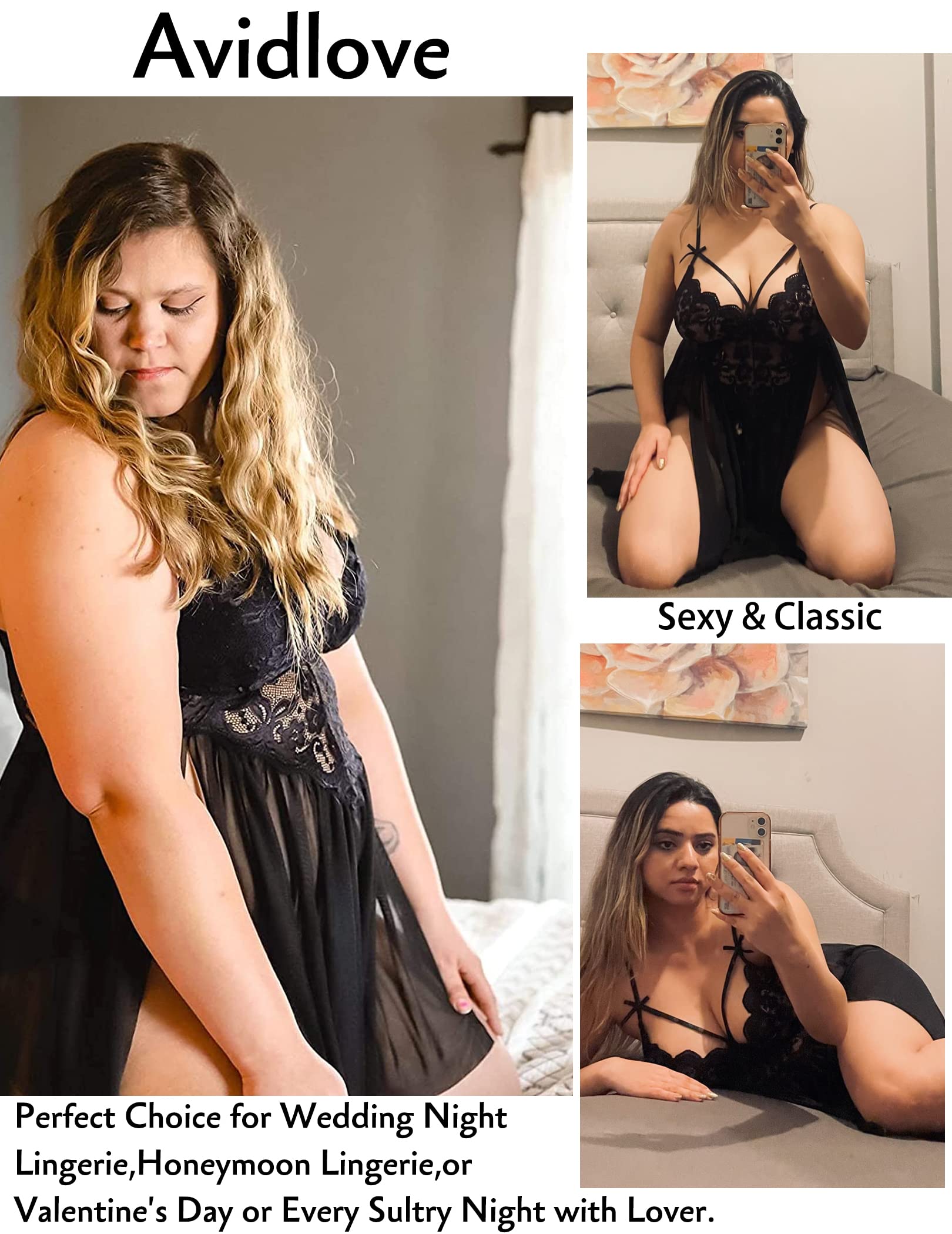 Avidlove Womens Plus Size Lingerie Lace Babydoll Strap Chemise Nightwear V Neck Sleepwear Side Slit Nighties Black