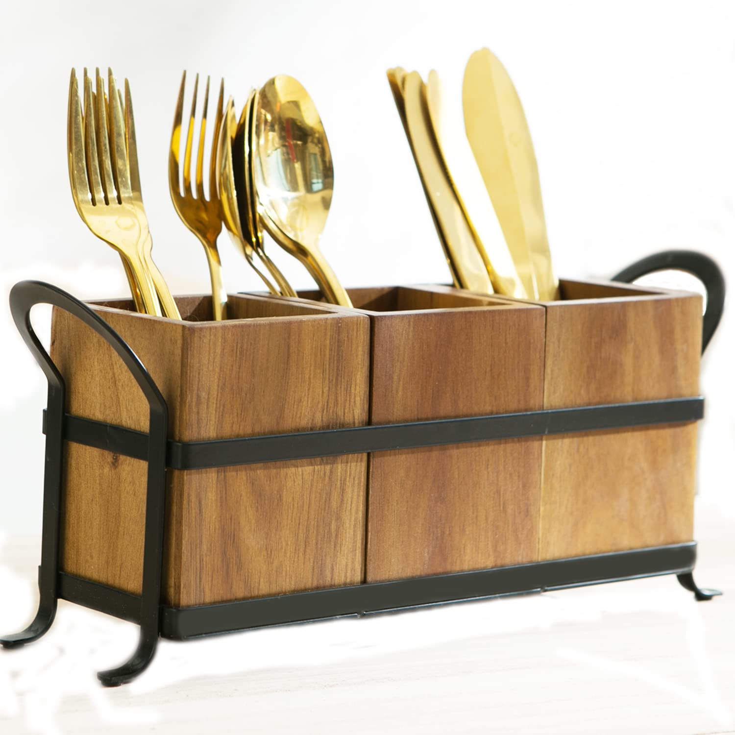 NelyBet Utensil Caddy Silverware Cutlery Holder with 3 Compartment , Wooden Utensil Crock Flatware Organizers with Metal Tray , Rustic Kitchen Utensil Organizers Storage Box usded for Farmhouse Kitchen Decor and Countertop