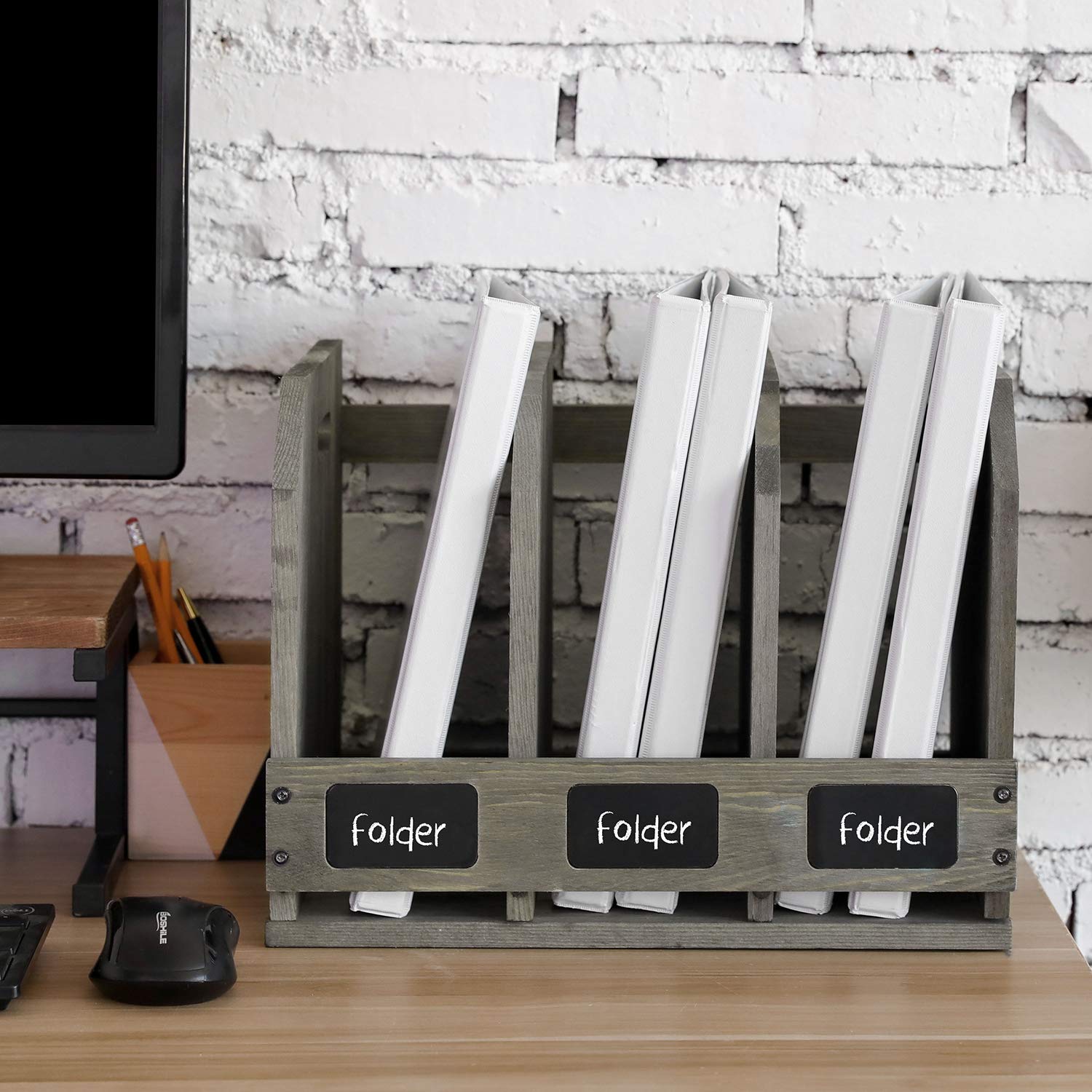 MyGift Vintage Gray Solid Wood Office Desktop Document Organizer, Desk File Folder and Binder Rack with 3-Compartments and Chalkboard Labels