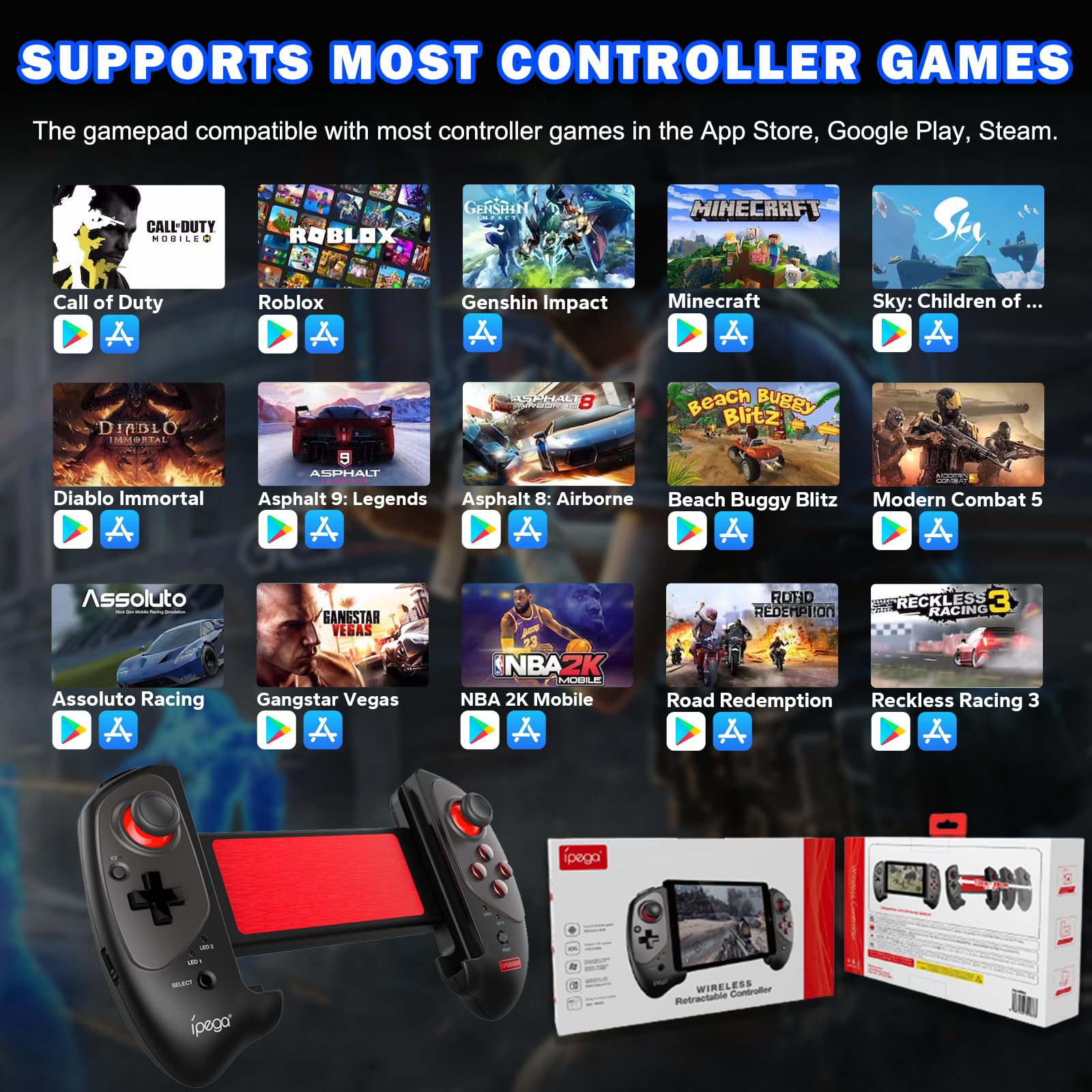 Megadream Wireless Mobile Controller for iPad, Tablet (11"), iPhone 16/15/14/13, Android Gamepad for Galaxy Z Fold4, Galaxy Z Flip4, Galaxy S23 S22 21Ultra, PC - MFi Certified - Call of Duty - Genshin Impact, Black