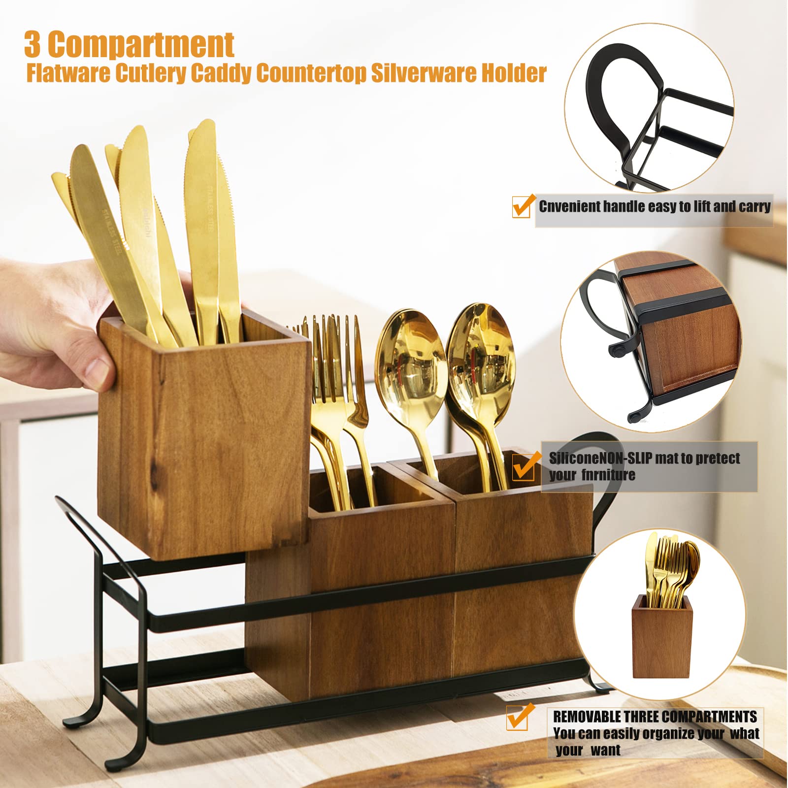 NelyBet Utensil Caddy Silverware Cutlery Holder with 3 Compartment , Wooden Utensil Crock Flatware Organizers with Metal Tray , Rustic Kitchen Utensil Organizers Storage Box usded for Farmhouse Kitchen Decor and Countertop