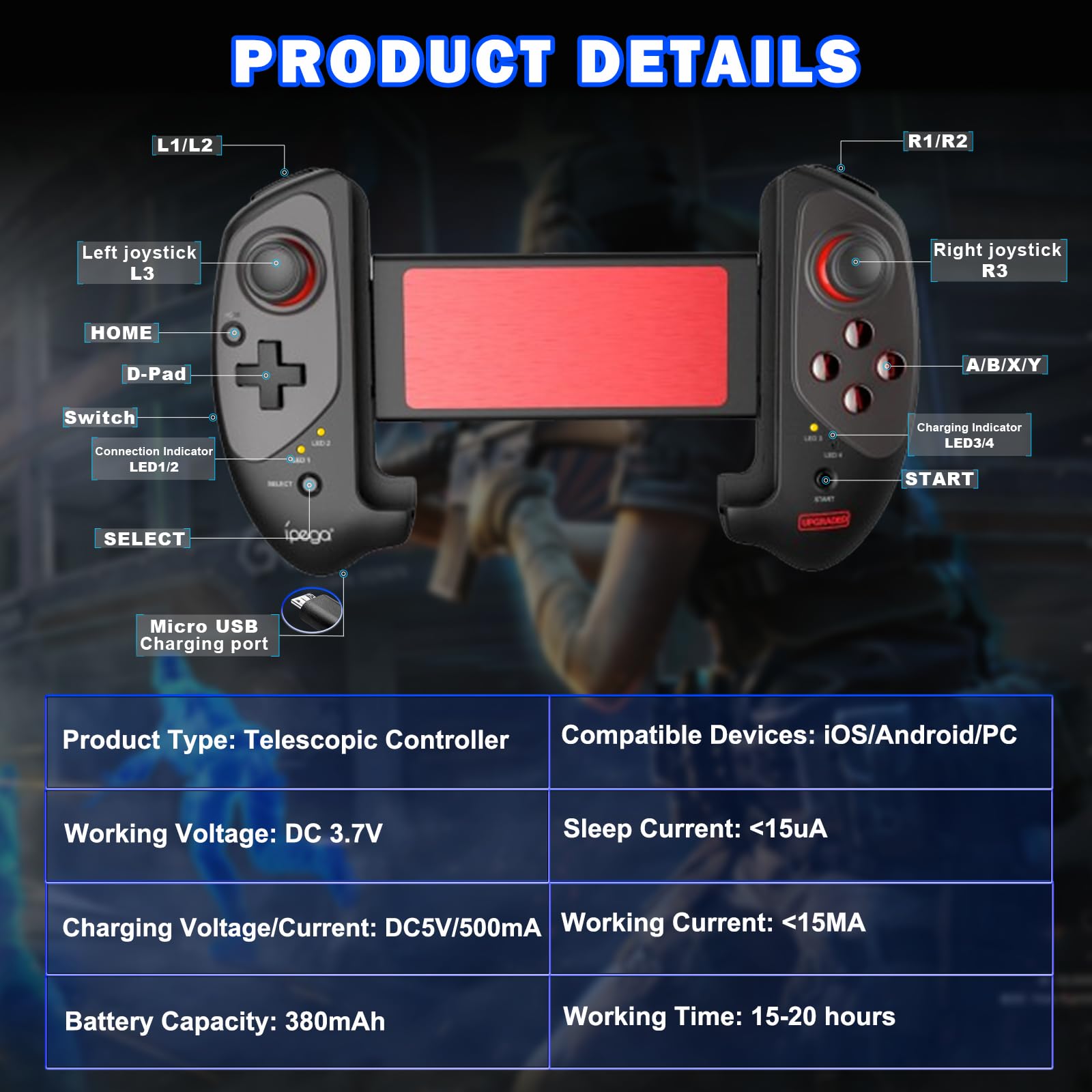 Megadream Wireless Mobile Controller for iPad, Tablet (11"), iPhone 16/15/14/13, Android Gamepad for Galaxy Z Fold4, Galaxy Z Flip4, Galaxy S23 S22 21Ultra, PC - MFi Certified - Call of Duty - Genshin Impact, Black