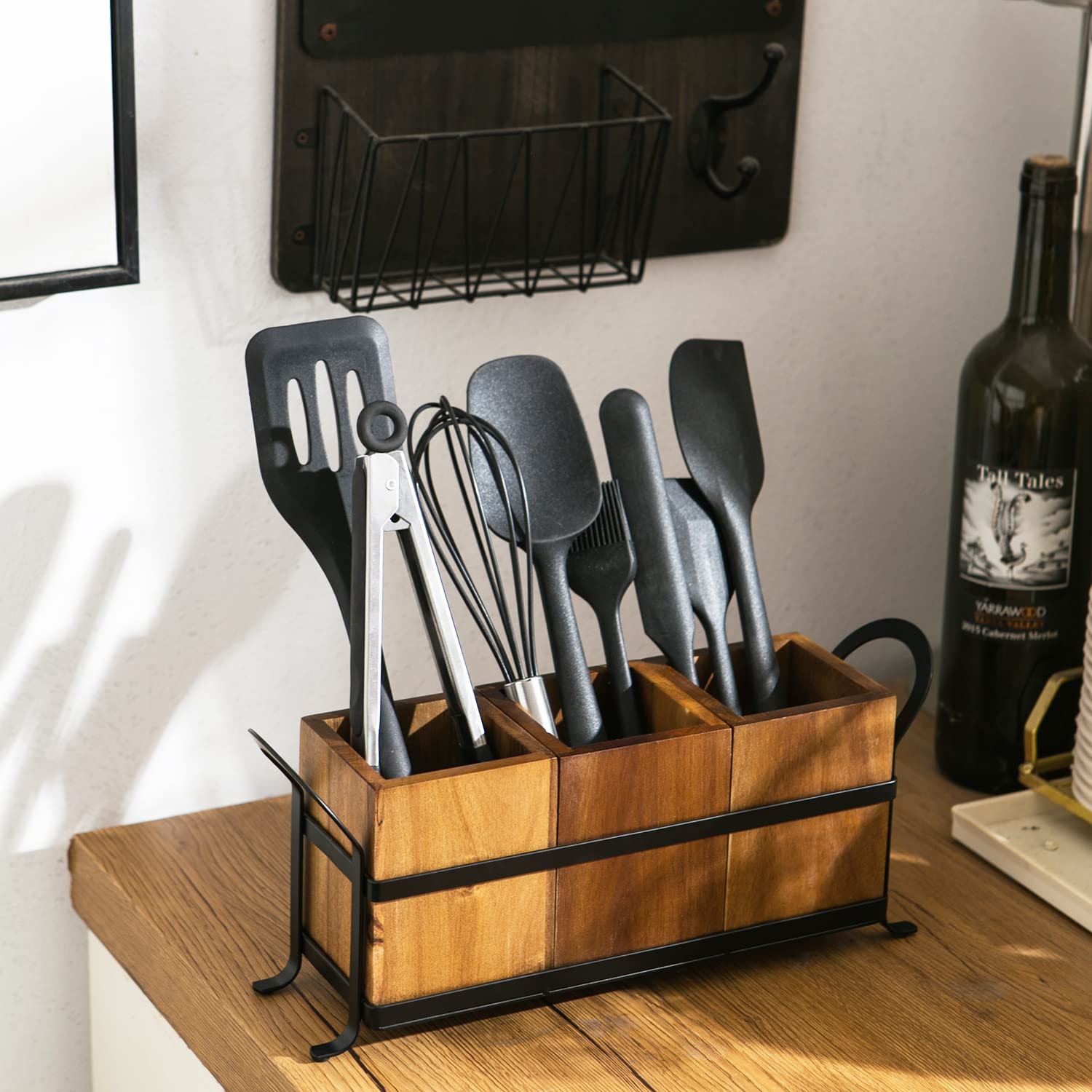 NelyBet Utensil Caddy Silverware Cutlery Holder with 3 Compartment , Wooden Utensil Crock Flatware Organizers with Metal Tray , Rustic Kitchen Utensil Organizers Storage Box usded for Farmhouse Kitchen Decor and Countertop
