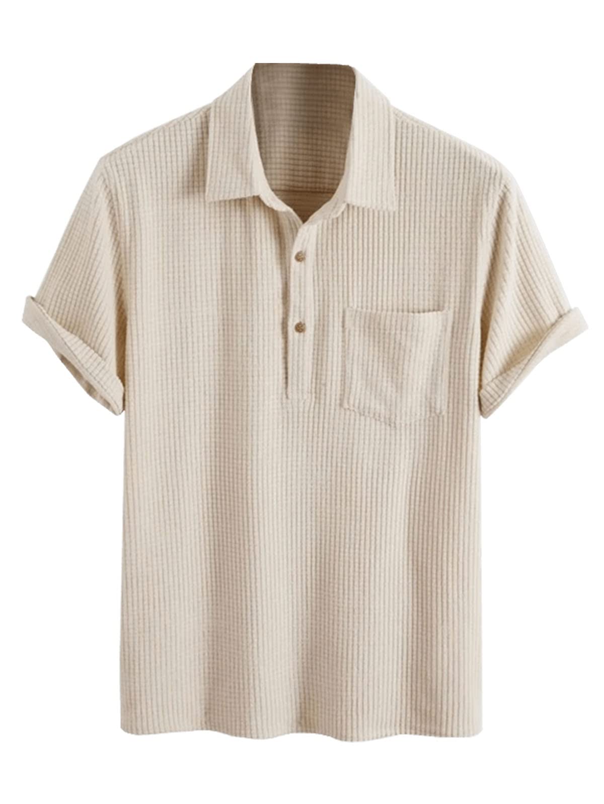 ZAFUL Men's Retro Short Sleeve Corduroy Shirt Casual Button Down Shirts White M