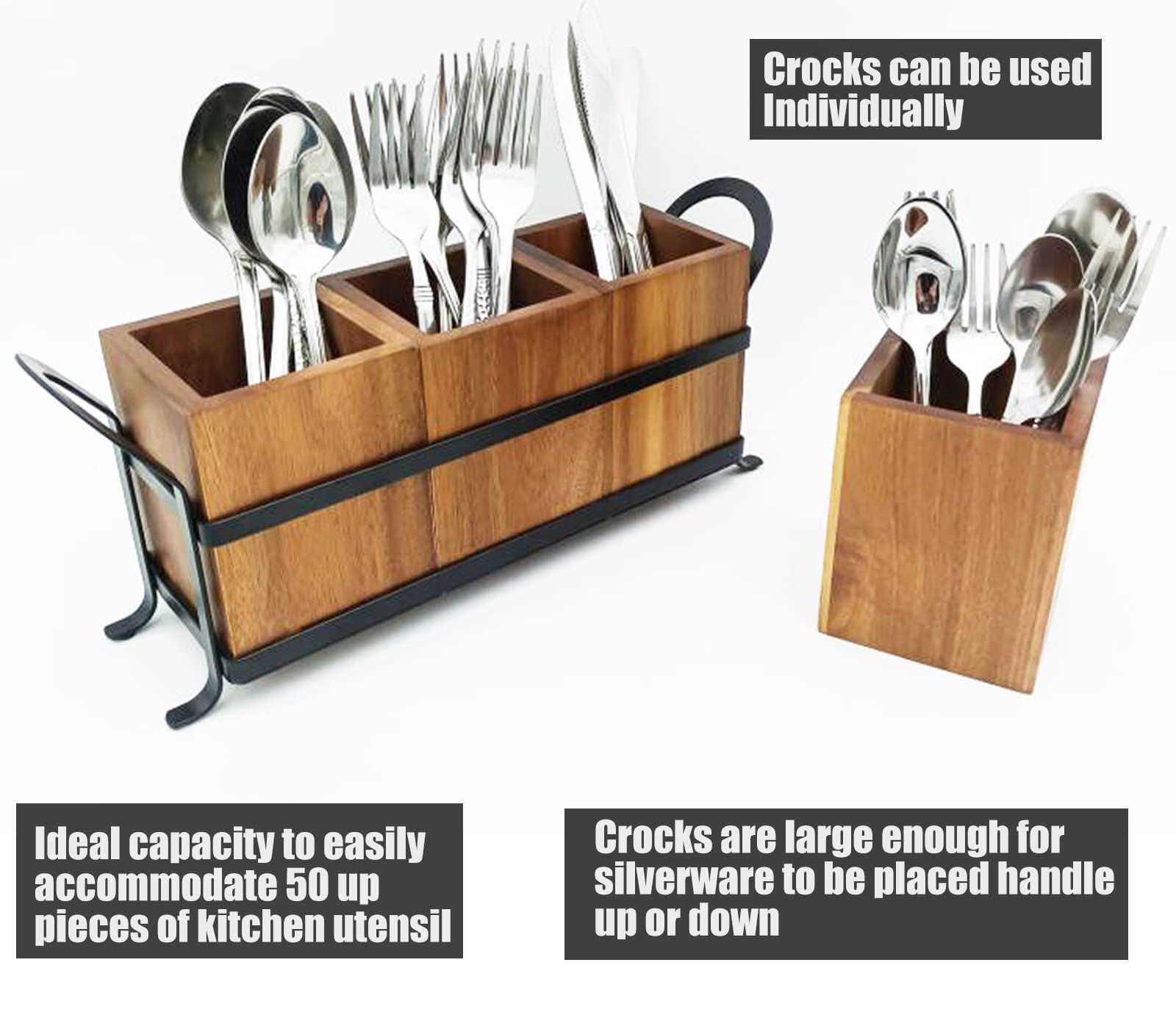 NelyBet Utensil Caddy Silverware Cutlery Holder with 3 Compartment , Wooden Utensil Crock Flatware Organizers with Metal Tray , Rustic Kitchen Utensil Organizers Storage Box usded for Farmhouse Kitchen Decor and Countertop