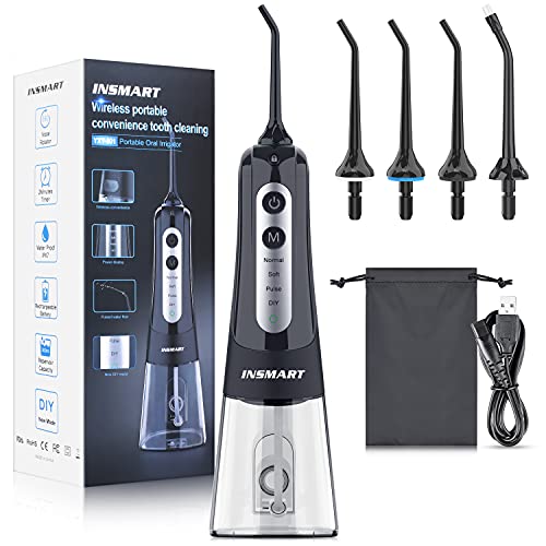Cordless Water Dental Flosser Teeth Cleaner, INSMART Professional 300ML Tank DIY Mode USB Rechargeable Dental Oral Irrigator for Home and Travel, IPX7 Waterproof 4 Modes Irrigate for Oral Care