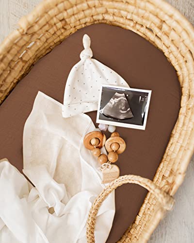 Muslin Bassinet Sheet for Baby Girl Boy, Muslin Cotton Fitted for Oval Hourglass and Rectangular Bassinet Mattress Pad, Stylish Boho Bassinet Sheets Baby Nursery, 2 Pack (Sunshine& Brown)