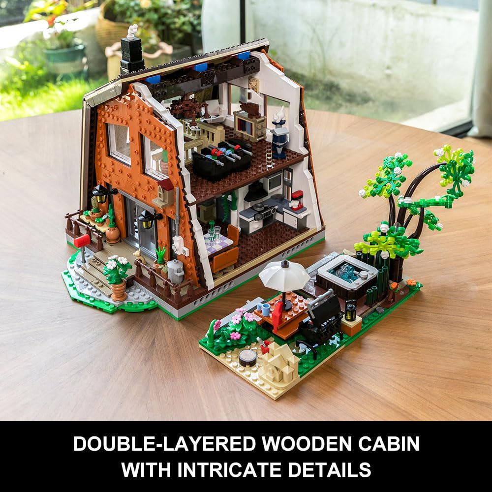 BRICKKK PANTASY Wood-Cabin Building Set, Cabin House Building Bricks Set, Buildable Architecture with Outdoor Pool and BBQ Model Building Kit, Construction Building Set for Adults and Teen