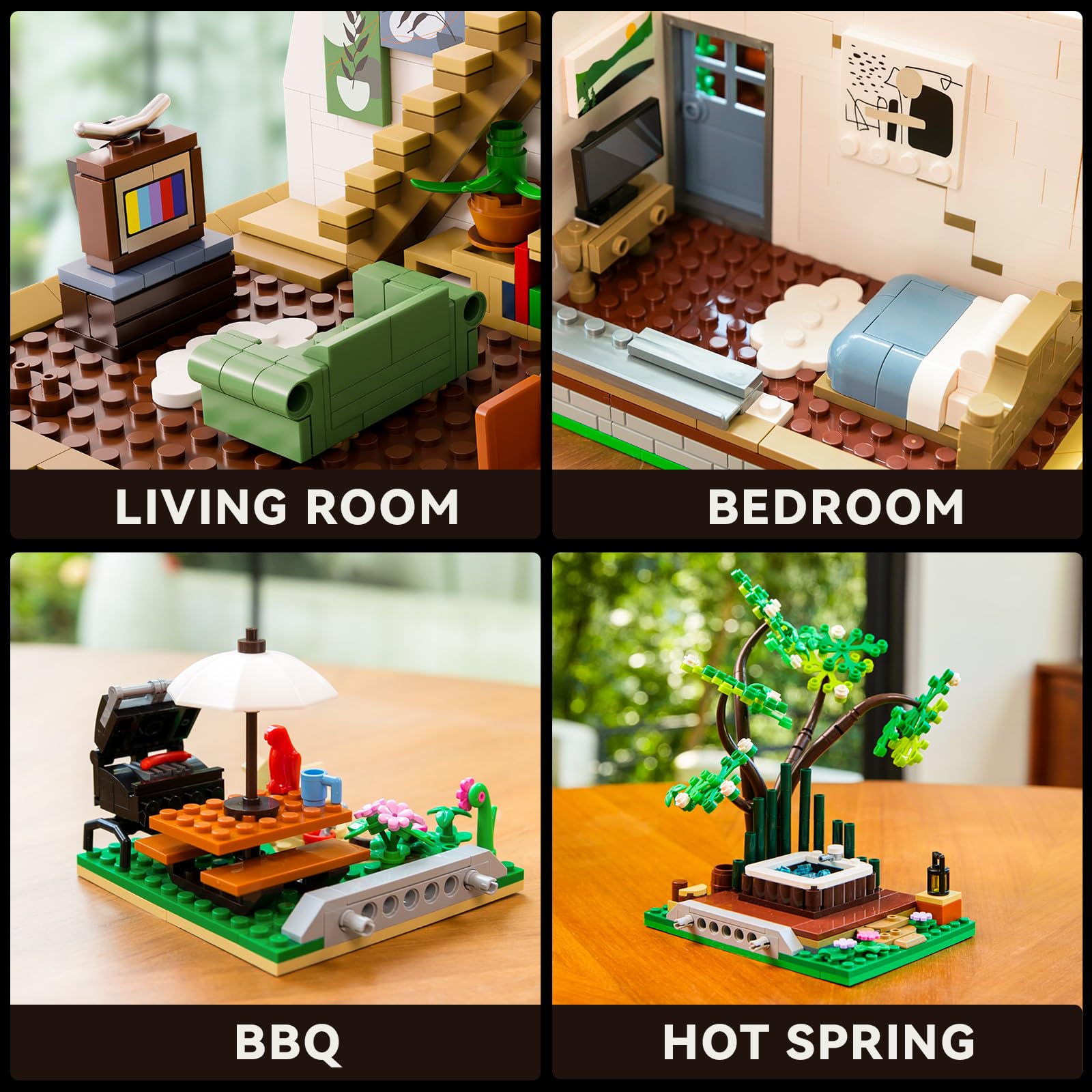 BRICKKK PANTASY Wood-Cabin Building Set, Cabin House Building Bricks Set, Buildable Architecture with Outdoor Pool and BBQ Model Building Kit, Construction Building Set for Adults and Teen