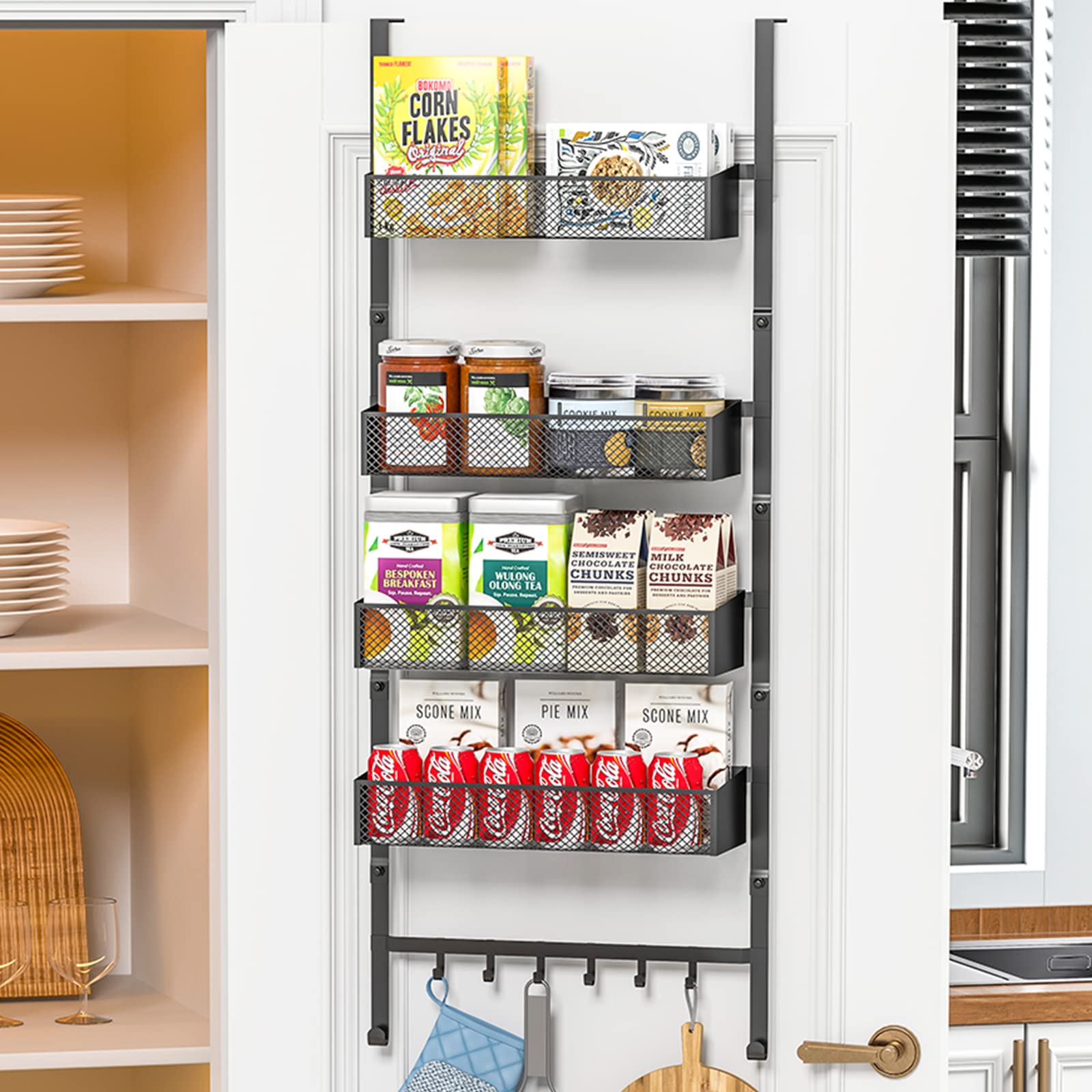 keomaisyto Upgrade Over the Door Organizer with Hooks &Baskets, 5 Tier Wall Mounted Pantry Door Organizer Hanging Spice Rack for Kitchen, Metal Back of Door Storage for Spice Snack Black