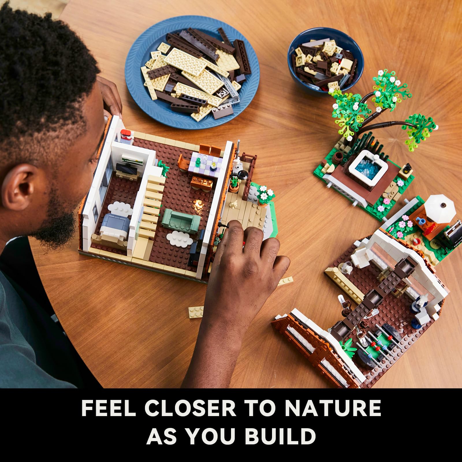 BRICKKK PANTASY Wood-Cabin Building Set, Cabin House Building Bricks Set, Buildable Architecture with Outdoor Pool and BBQ Model Building Kit, Construction Building Set for Adults and Teen