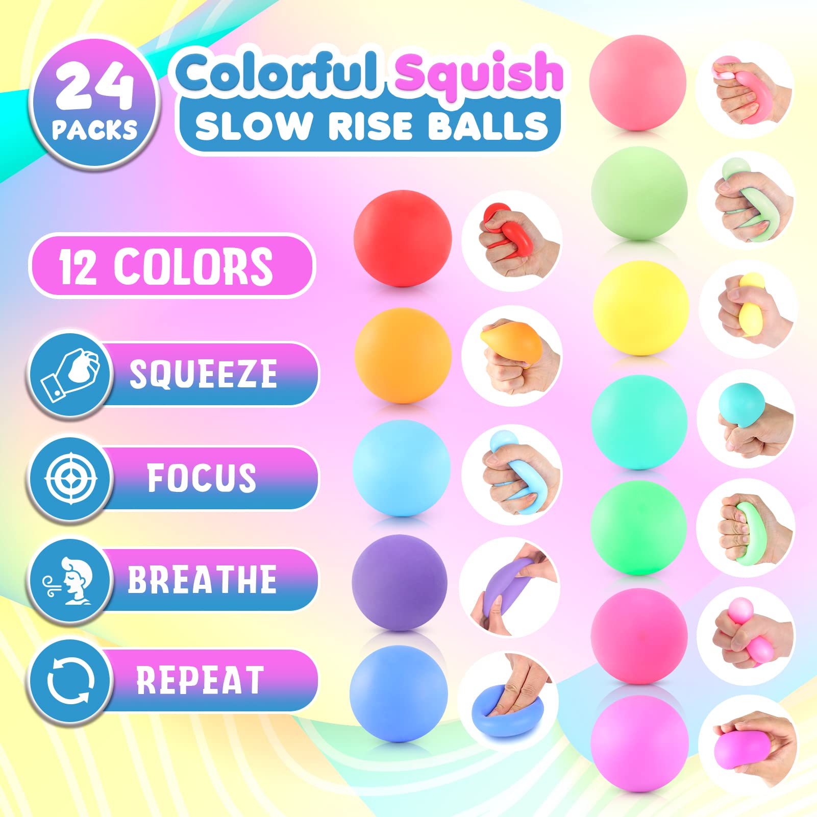 Slow Rising Stress Ball 24 Pack, Stretchy Fidget Ball for Anxiety Stress Relief, Hand Therapy Sensory Squishy Ball, Pull Stretch Fidget Toy for Students, Classroom Prize Box Toys