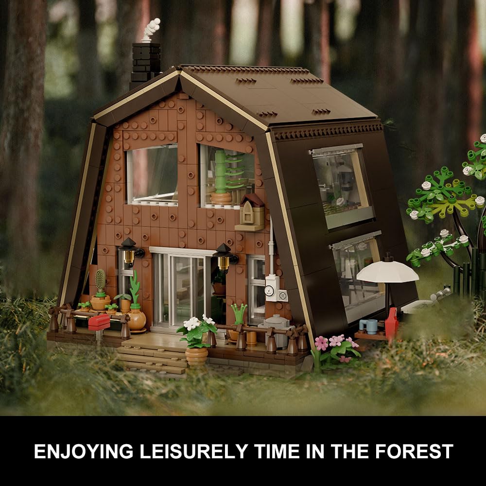 BRICKKK PANTASY Wood-Cabin Building Set, Cabin House Building Bricks Set, Buildable Architecture with Outdoor Pool and BBQ Model Building Kit, Construction Building Set for Adults and Teen
