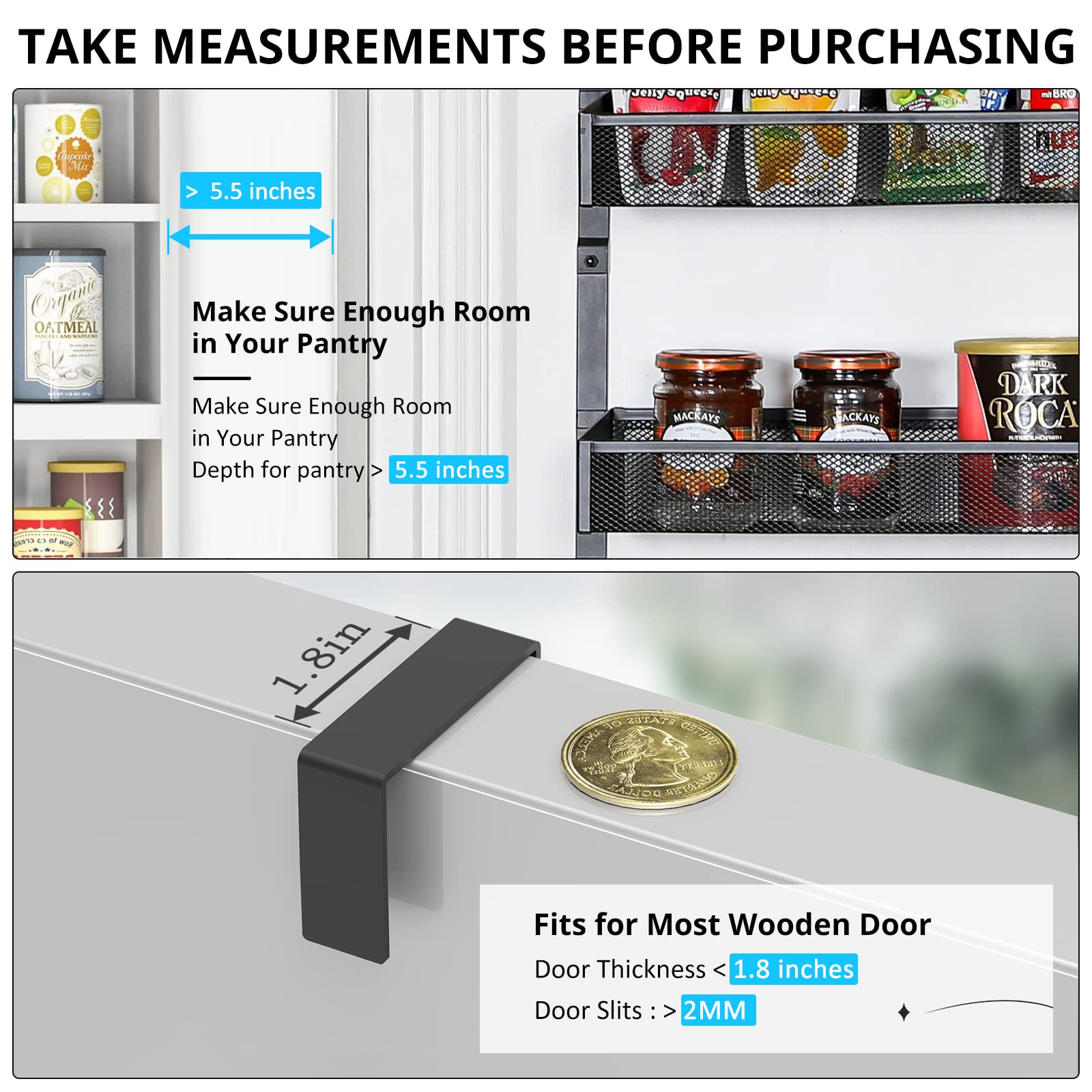 keomaisyto Upgrade Over the Door Organizer with Hooks &Baskets, 5 Tier Wall Mounted Pantry Door Organizer Hanging Spice Rack for Kitchen, Metal Back of Door Storage for Spice Snack Black