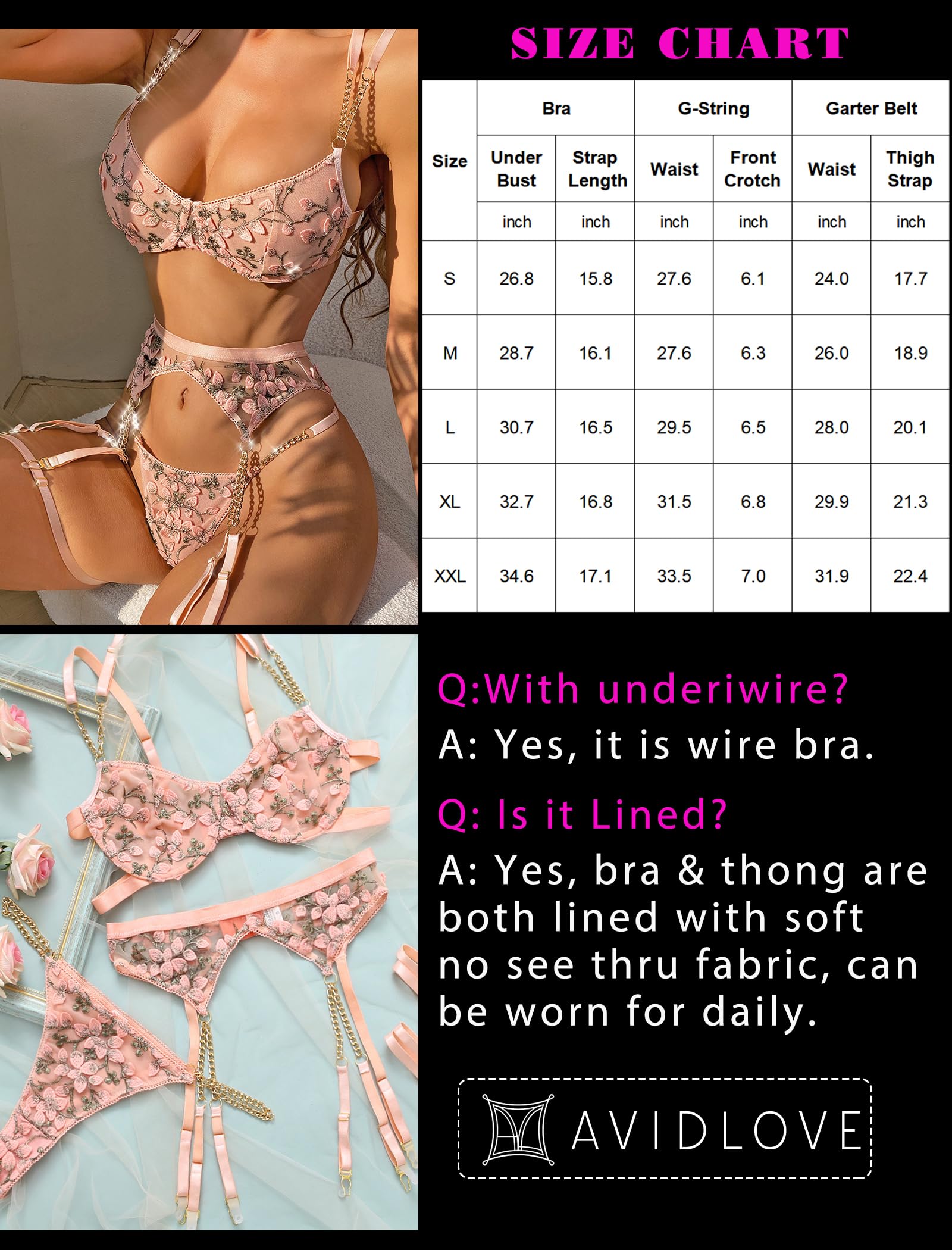 Avildlove Sexy Lingerie Set Garter Lace Naughty Floral Embroidery Plus Size (Pink, XXL)