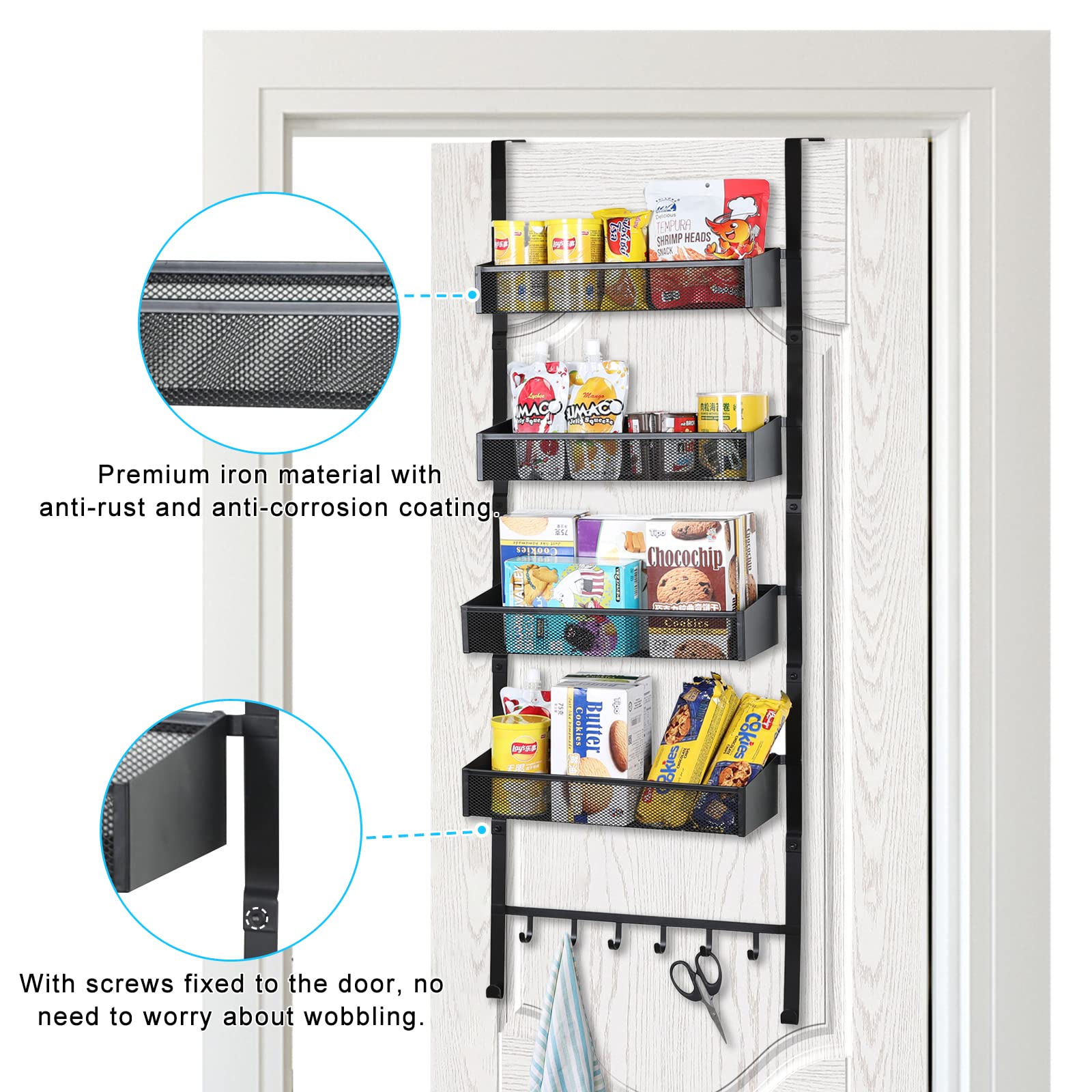 keomaisyto Upgrade Over the Door Organizer with Hooks &Baskets, 5 Tier Wall Mounted Pantry Door Organizer Hanging Spice Rack for Kitchen, Metal Back of Door Storage for Spice Snack Black