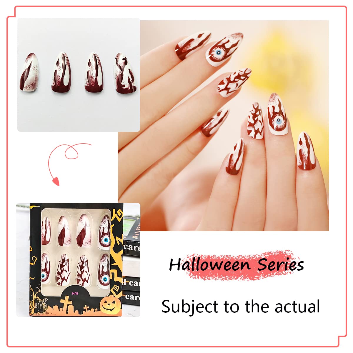 Day of the Dead Press on Nails Medium Length Halloween Fake Nails Almond False Nail with Design Halloween Horror Red Eyeball Artificial Nails Press On Full Cover Nail Tips 24Pcs