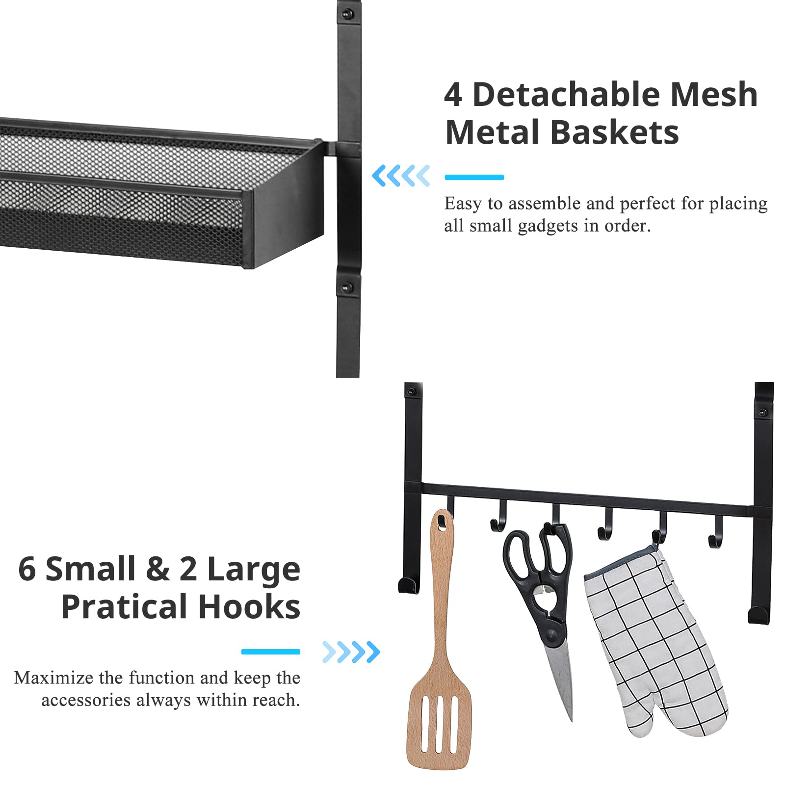 keomaisyto Upgrade Over the Door Organizer with Hooks &Baskets, 5 Tier Wall Mounted Pantry Door Organizer Hanging Spice Rack for Kitchen, Metal Back of Door Storage for Spice Snack Black