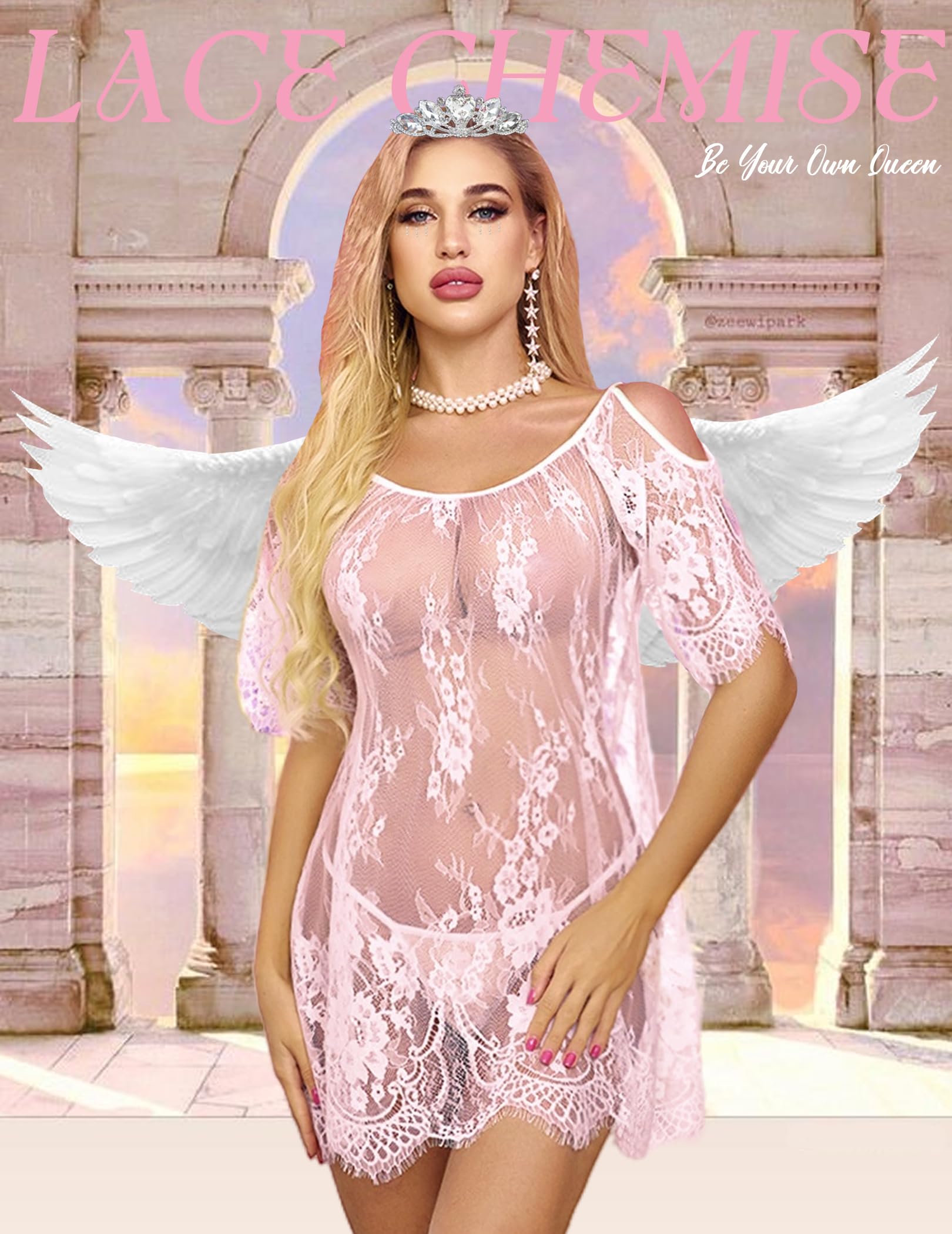 Avidlove Women Lingerie Lace Babydoll V Neck Sleepwear Strap Chemise(Pink,Large)