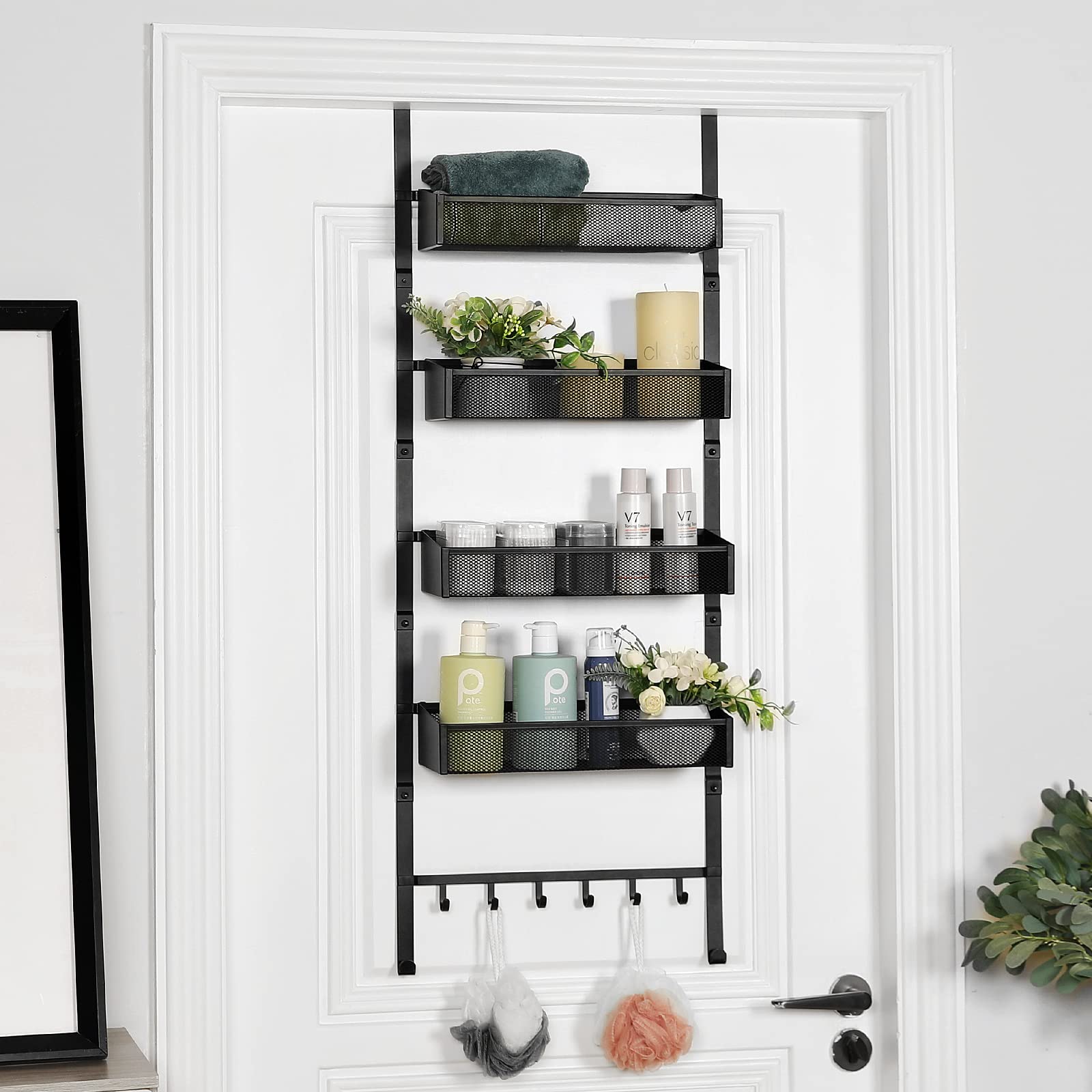 keomaisyto Upgrade Over the Door Organizer with Hooks &Baskets, 5 Tier Wall Mounted Pantry Door Organizer Hanging Spice Rack for Kitchen, Metal Back of Door Storage for Spice Snack Black
