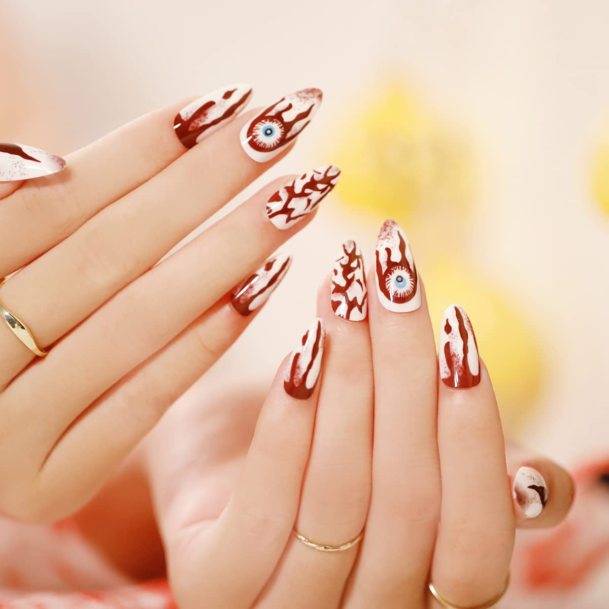 Day of the Dead Press on Nails Medium Length Halloween Fake Nails Almond False Nail with Design Halloween Horror Red Eyeball Artificial Nails Press On Full Cover Nail Tips 24Pcs