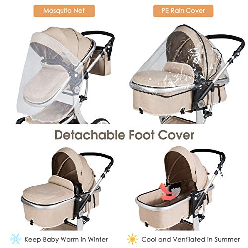 HONEY JOY Baby Stroller, High Landscape Convertible Infant Bassinet Stroller, Adjustable Canopy & Backrest, Storage Basket, Foot Cover, Foldable Newborn Carriage Pram Stroller (Beige)