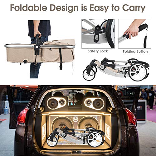 HONEY JOY Baby Stroller, High Landscape Convertible Infant Bassinet Stroller, Adjustable Canopy & Backrest, Storage Basket, Foot Cover, Foldable Newborn Carriage Pram Stroller (Beige)