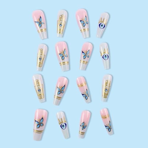 Fall Press on Nails Long Square Fake Nails with Eyeball and Butterfly Designs Acrylic Nails Autumn Glossy False Nails White Glue on Nails for Women 24PCS