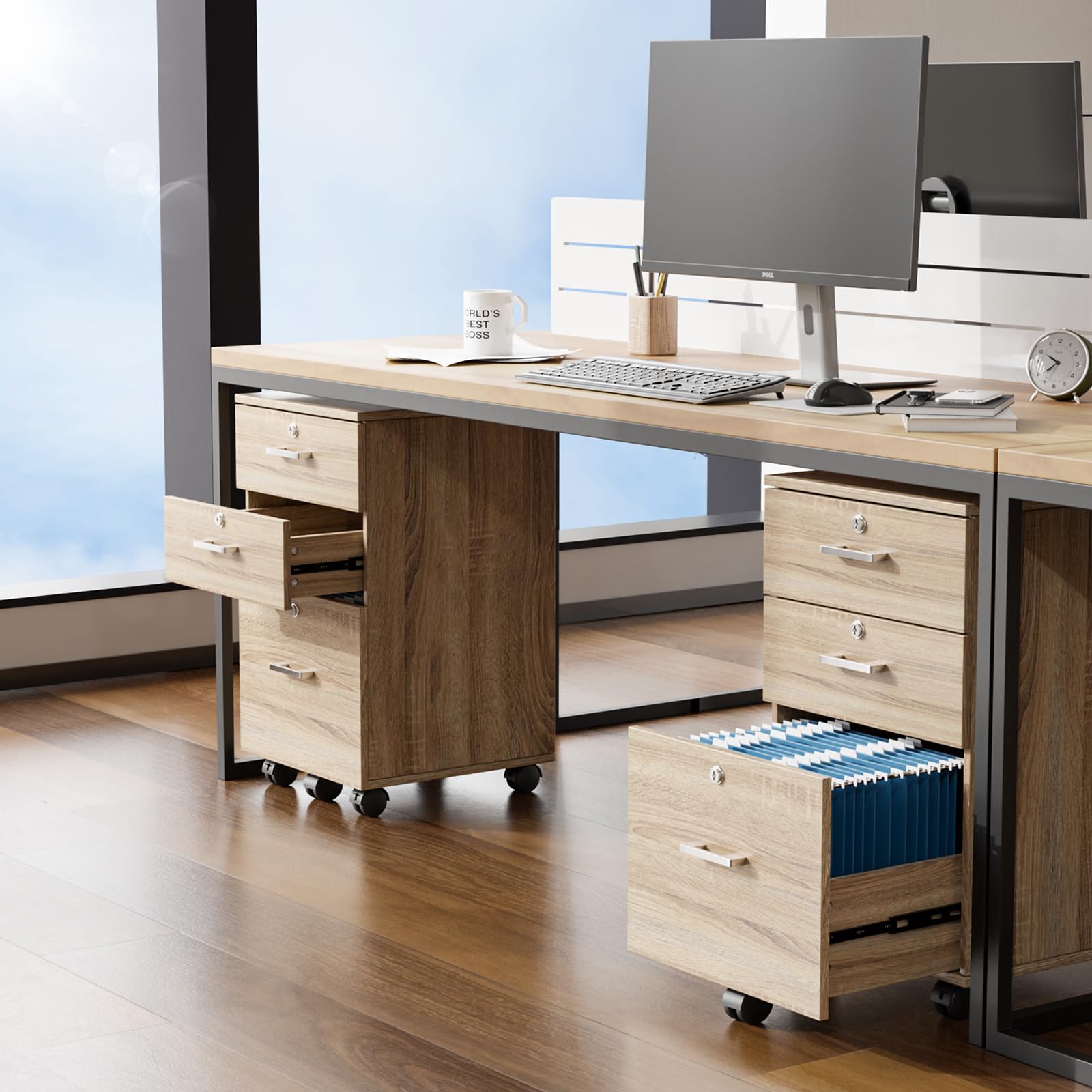 VINGLI Mobile 3 Drawer File Cabinets for Under Desk, Wooden Filing Cabinets for Home Office, Printer Stand & File Cabinet with Lock, 26-in H(Caster Included), Oak