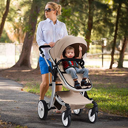 HONEY JOY Baby Stroller, High Landscape Convertible Infant Bassinet Stroller, Adjustable Canopy & Backrest, Storage Basket, Foot Cover, Foldable Newborn Carriage Pram Stroller (Beige)