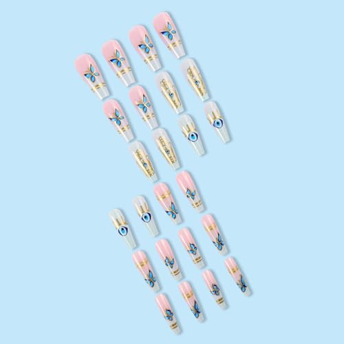 Fall Press on Nails Long Square Fake Nails with Eyeball and Butterfly Designs Acrylic Nails Autumn Glossy False Nails White Glue on Nails for Women 24PCS