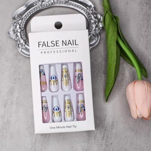 Fall Press on Nails Long Square Fake Nails with Eyeball and Butterfly Designs Acrylic Nails Autumn Glossy False Nails White Glue on Nails for Women 24PCS