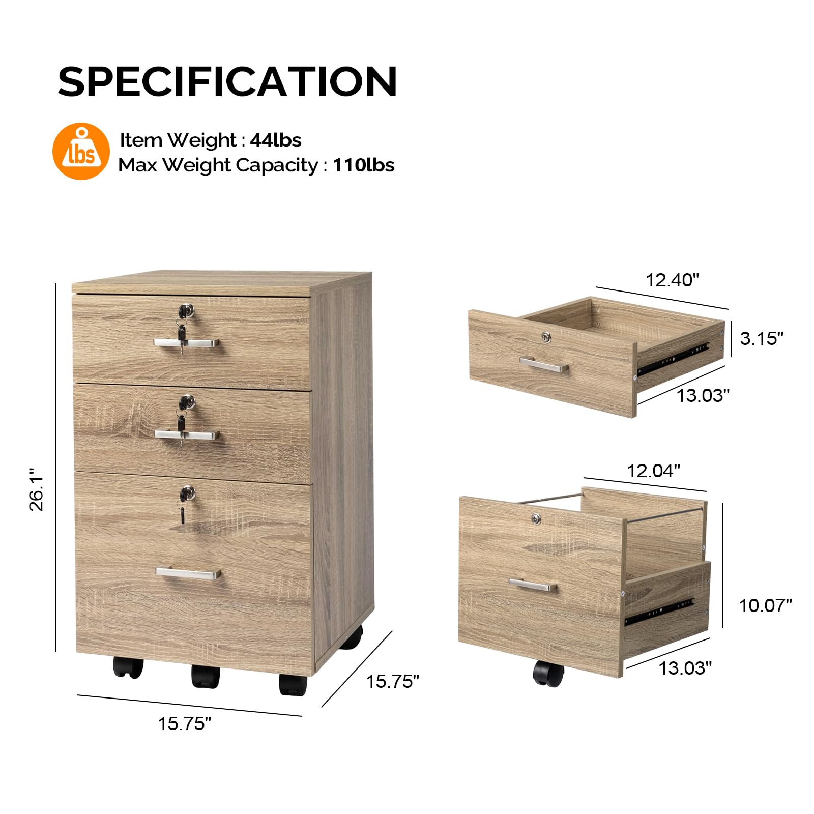 VINGLI Mobile 3 Drawer File Cabinets for Under Desk, Wooden Filing Cabinets for Home Office, Printer Stand & File Cabinet with Lock, 26-in H(Caster Included), Oak
