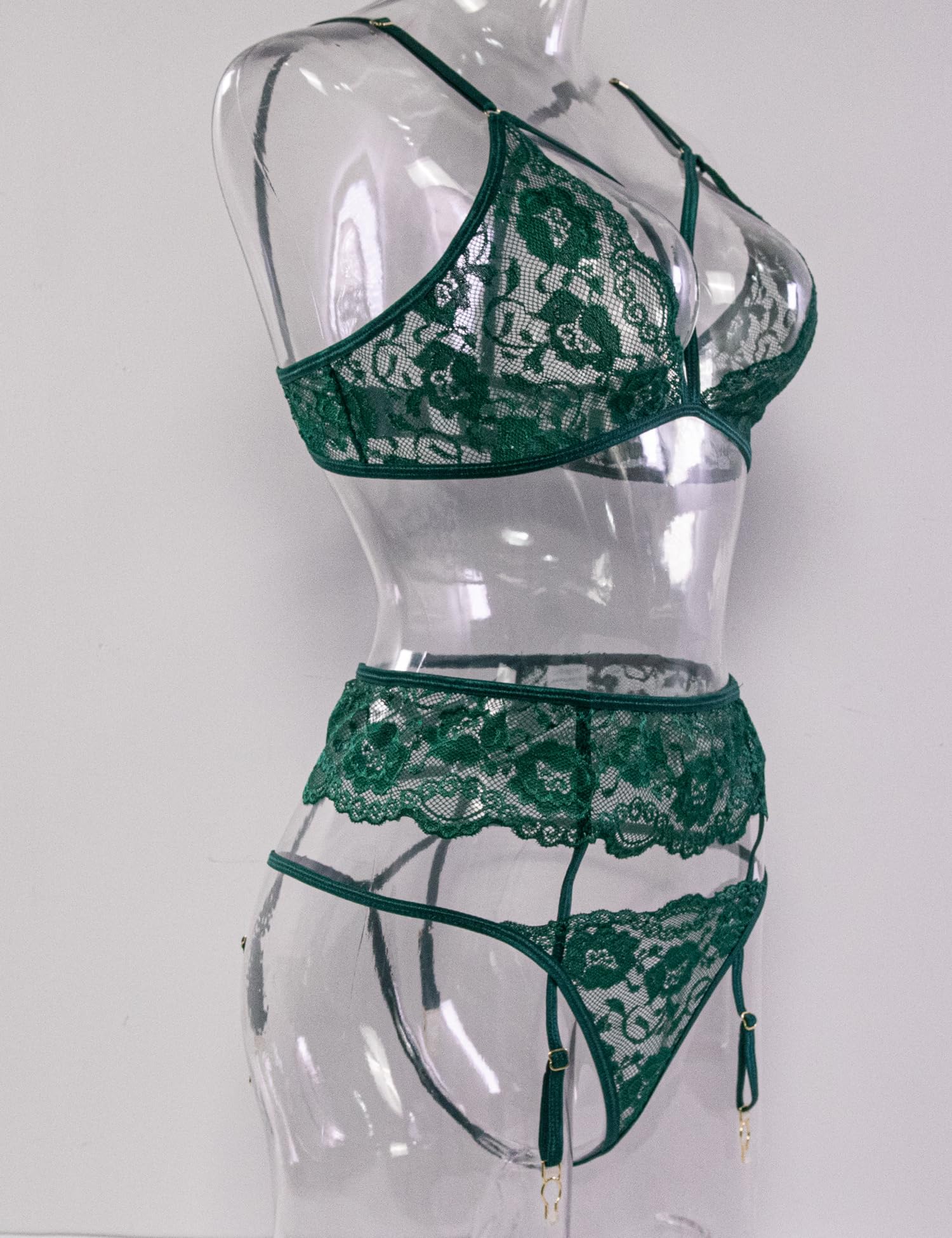 Women Lingerie with Stockings and Gloves,Garter Belt Lingerie Set Green M