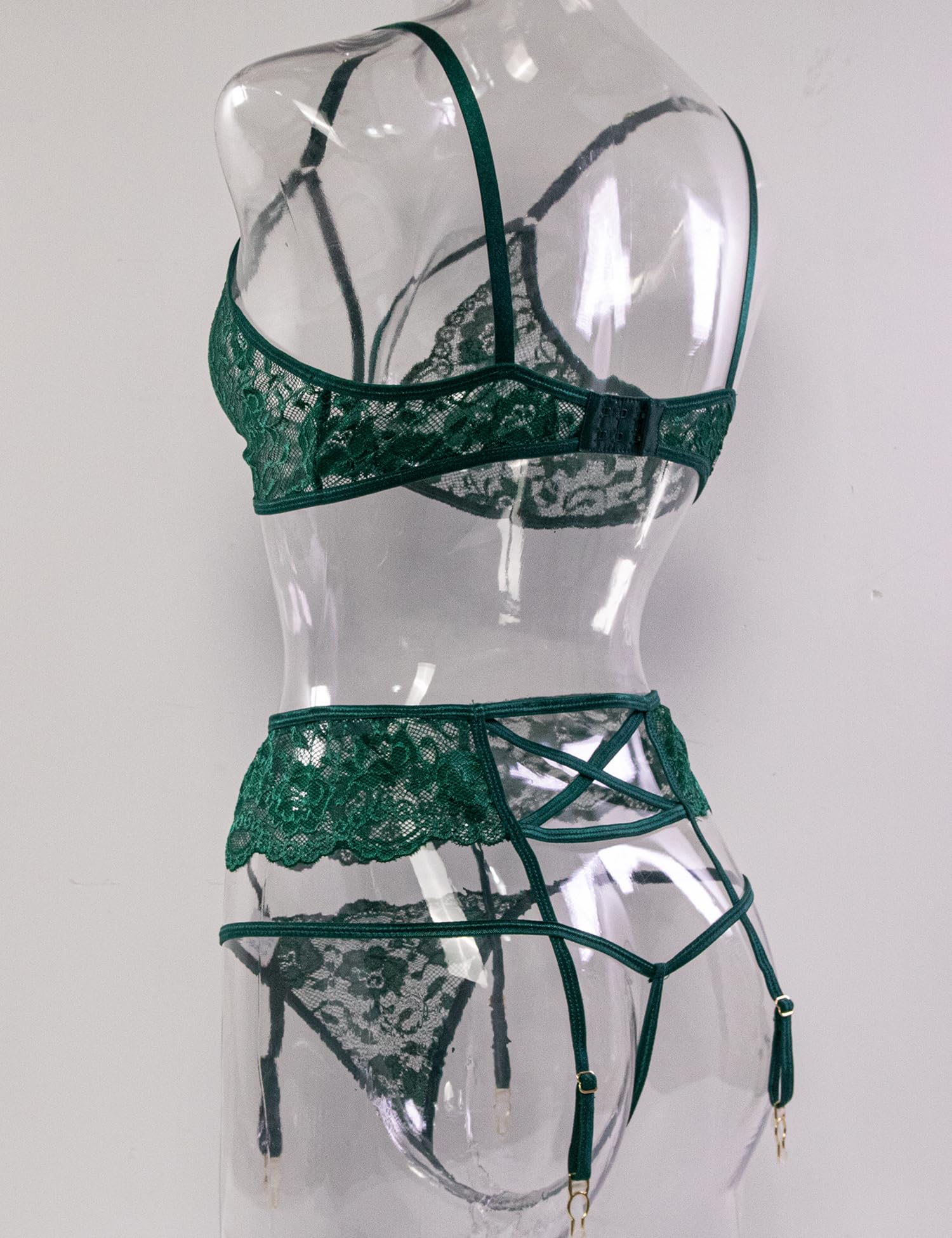Women Lingerie with Stockings and Gloves,Garter Belt Lingerie Set Green M