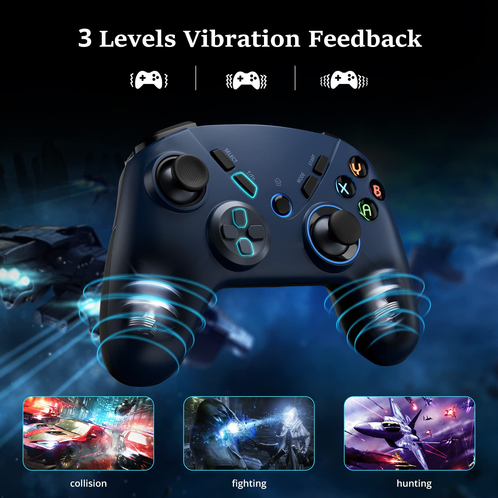 Multi-Platform PC Wireless Controller, Bluetooth Gaming Controller, Compatible with Windows, iPad, Steam, Luna, Laptop, Tablet, and Smart TV, with Double Shock, Macro Keys, Turbo Button, LED Backlight