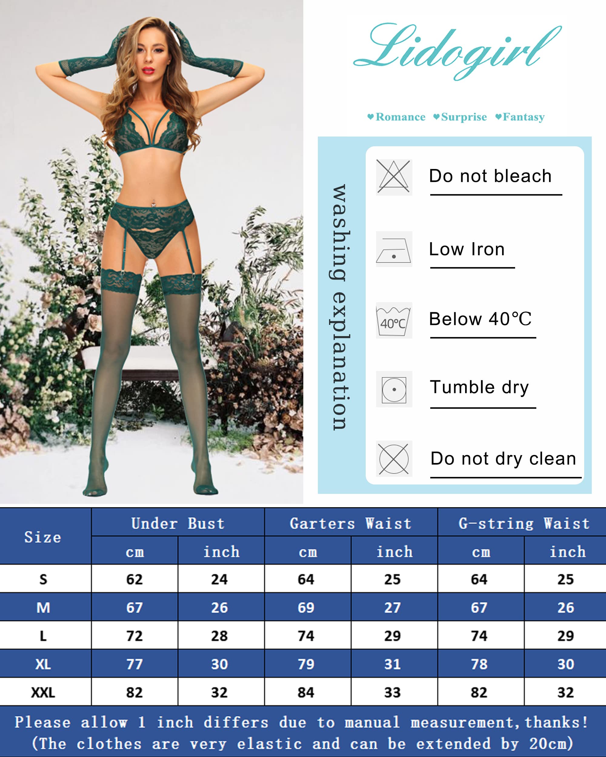 Women Lingerie with Stockings and Gloves,Garter Belt Lingerie Set Green M