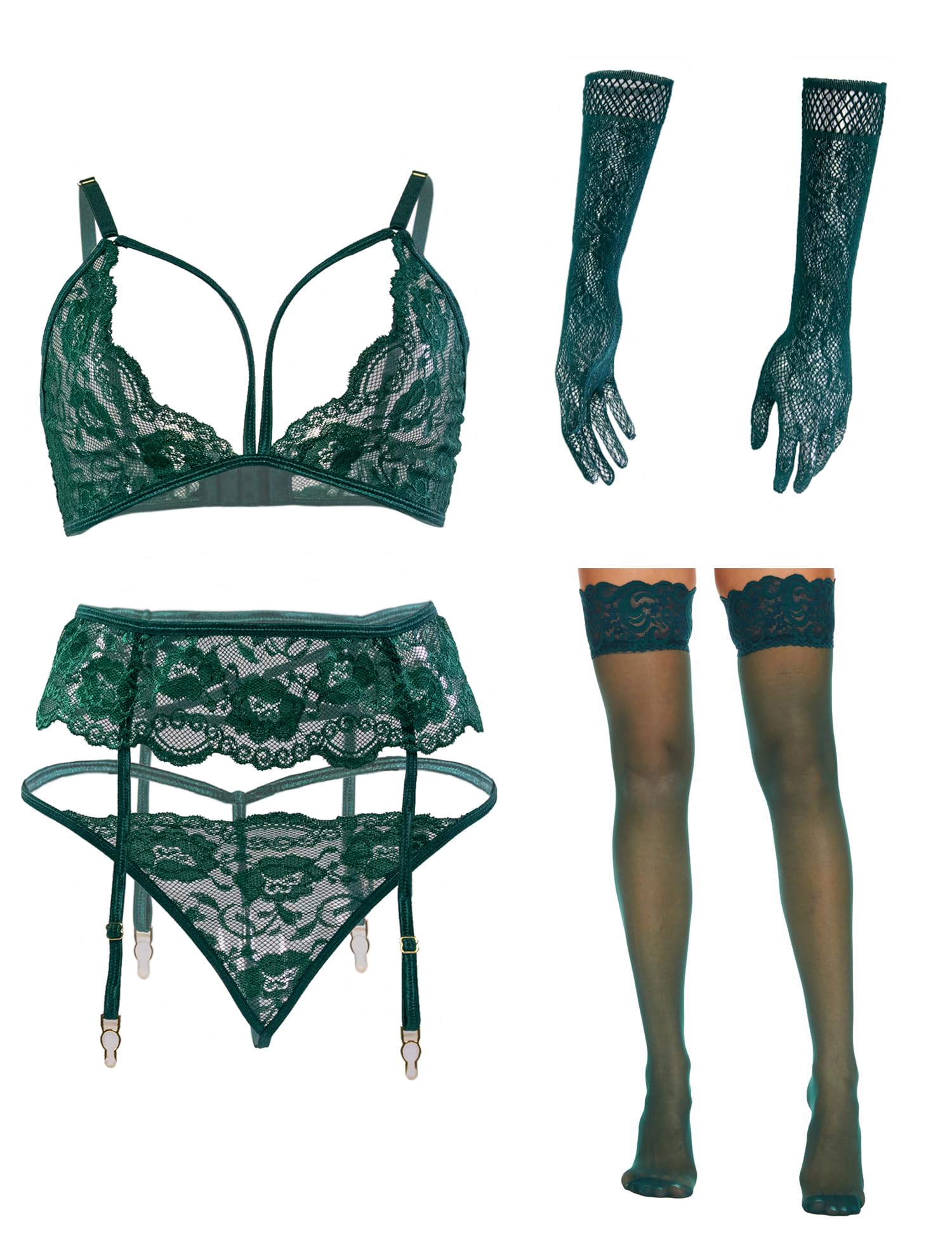 Women Lingerie with Stockings and Gloves,Garter Belt Lingerie Set Green M