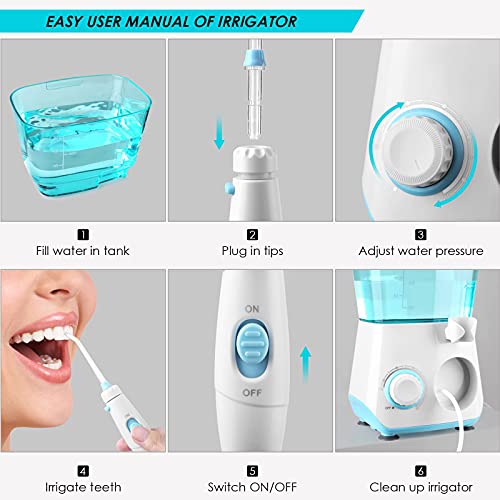 Dental Water Flosser, Oral Irrigator, 10 Adjustable Pressure Teeth Cleaner, 8 Interchangeable Jet Tips, 600 ML Capacity for Tooth Cleaning, Waterproof Leakproof Family(White) 9 Piece Set