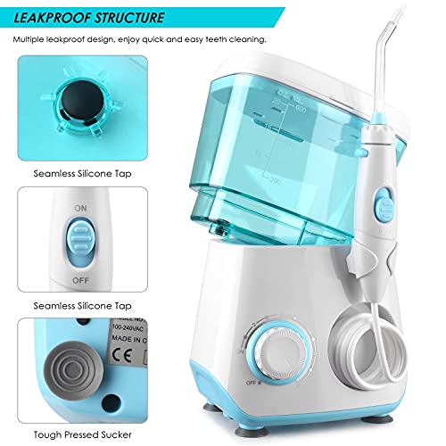 Dental Water Flosser, Oral Irrigator, 10 Adjustable Pressure Teeth Cleaner, 8 Interchangeable Jet Tips, 600 ML Capacity for Tooth Cleaning, Waterproof Leakproof Family(White) 9 Piece Set