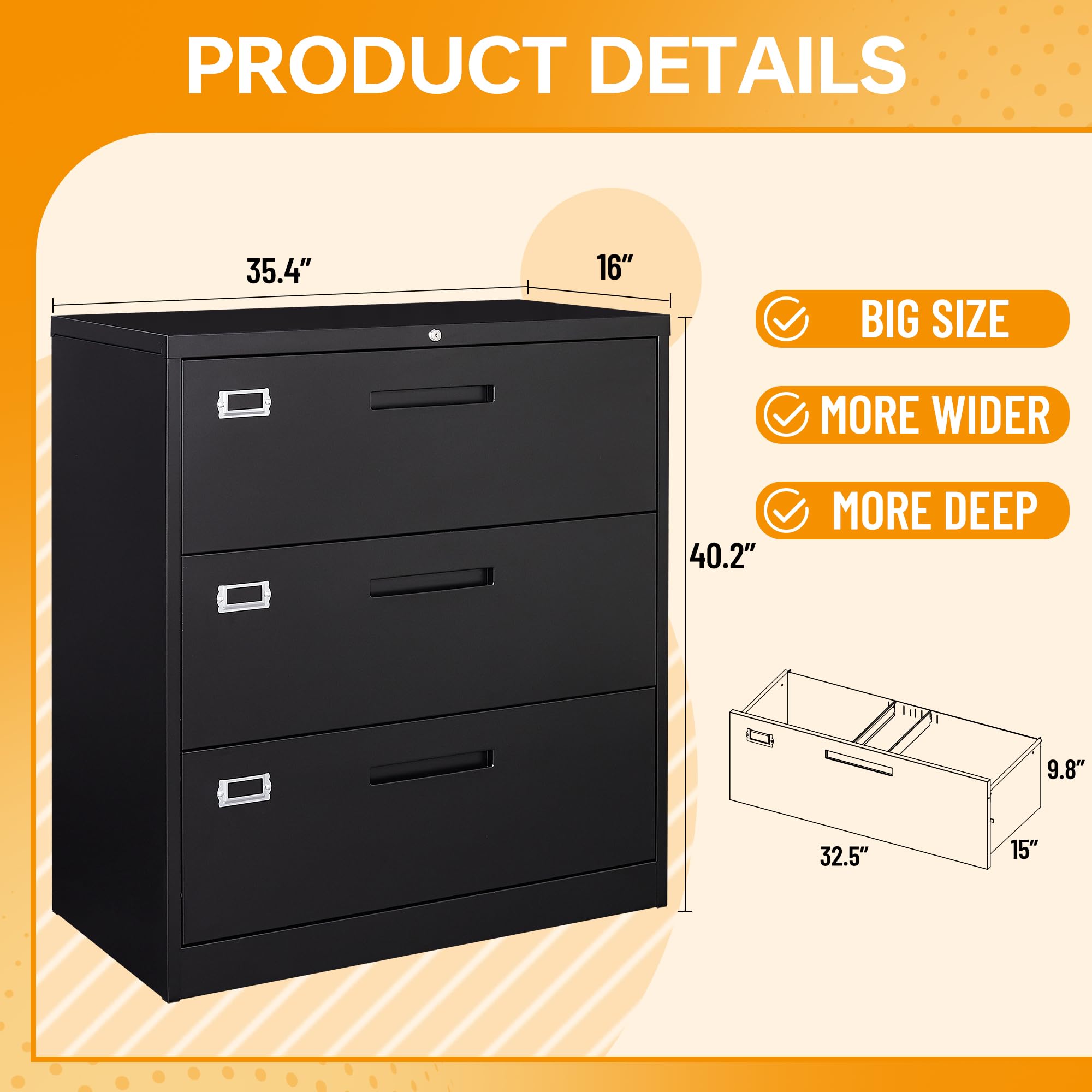 STANI Lateral File Cabinet with Lock, 3 Drawer Metal Filing Cabinet, Lateral Filing Cabinet with Lock for Home Office, Locking Metal Steel Wide File Cabinet for Legal/Letter A4 Size