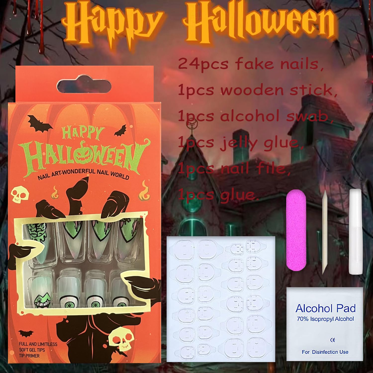 Halloween Stiletto Press on Nails Medium,Green Fake Nails Gradient False Nails with Eyeball Love Wound Lips Tongue Brain Styptic Halloween Designs Acrylic Nails Glossy Artificial Nails for Women 24Pcs