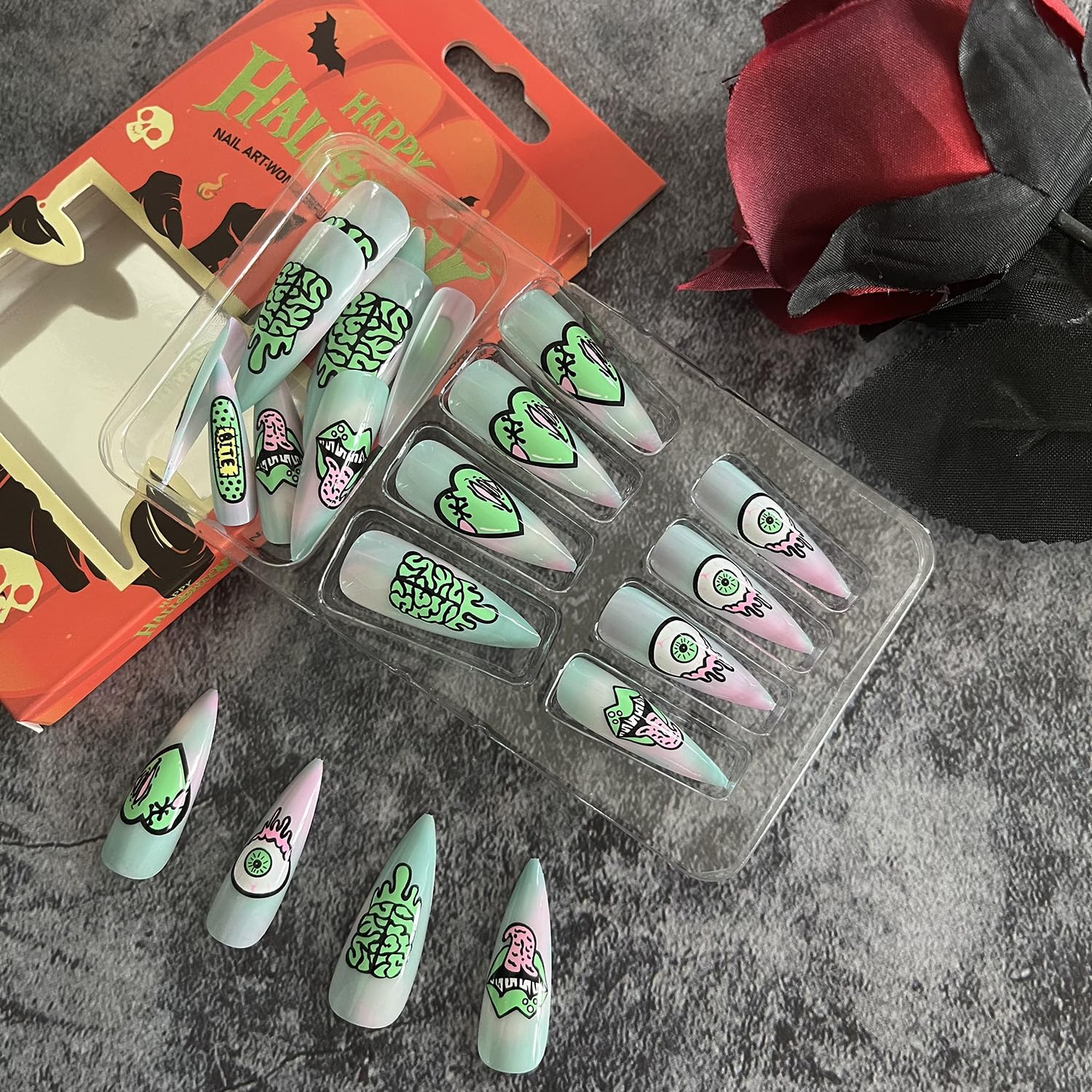 Halloween Stiletto Press on Nails Medium,Green Fake Nails Gradient False Nails with Eyeball Love Wound Lips Tongue Brain Styptic Halloween Designs Acrylic Nails Glossy Artificial Nails for Women 24Pcs
