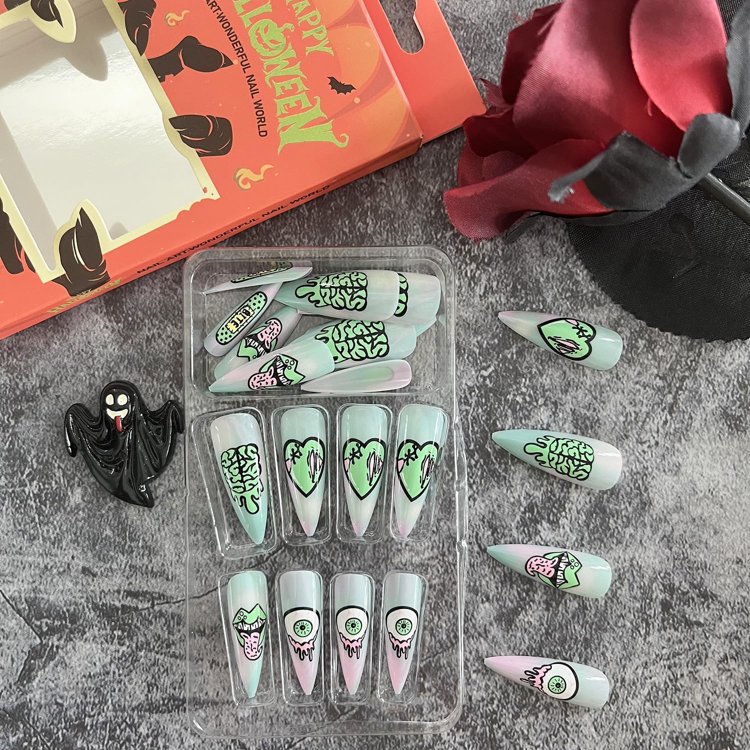Halloween Stiletto Press on Nails Medium,Green Fake Nails Gradient False Nails with Eyeball Love Wound Lips Tongue Brain Styptic Halloween Designs Acrylic Nails Glossy Artificial Nails for Women 24Pcs