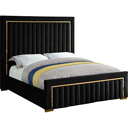 Meridian Furniture Dolce Collection Modern | Contemporary Velvet Upholstered Bed with Luxurious Channel Tufting and Gold Metal Trim/Legs, King, Black
