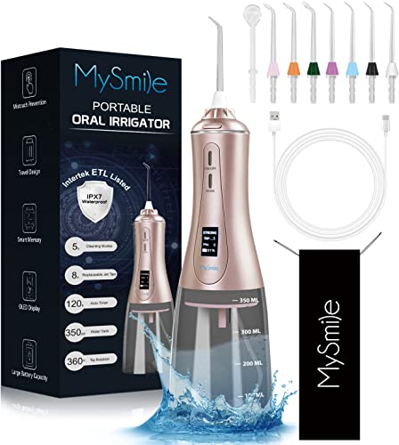 MySmile Powerful Cordless 350ML Water Dental Flosser Portable OLED Display Oral Irrigator with 5 Pressure Modes 8 Replaceable Jet Tips and Storage Bag for Home Travel Use (Rose Gold)