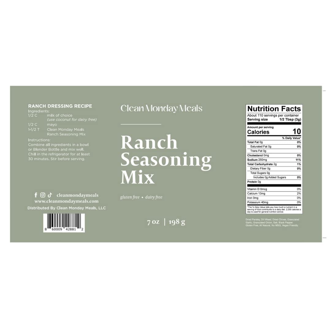 Clean Monday Meals | Ranch Seasoning Mix | Dairy Free & Gluten Free | 11.7oz