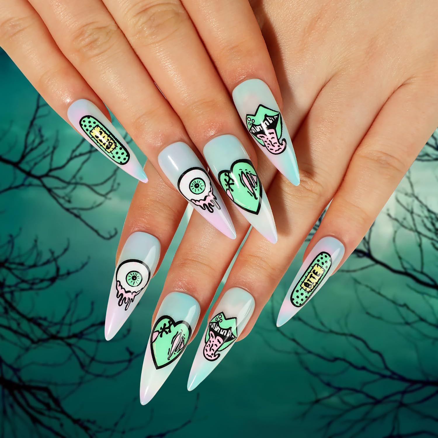 Halloween Stiletto Press on Nails Medium,Green Fake Nails Gradient False Nails with Eyeball Love Wound Lips Tongue Brain Styptic Halloween Designs Acrylic Nails Glossy Artificial Nails for Women 24Pcs